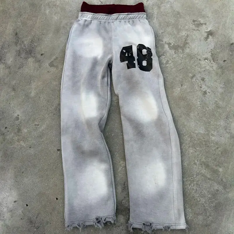 Custom Stacked Sweatpants Distressed Embroidery Patch Logo Mens Acid ...