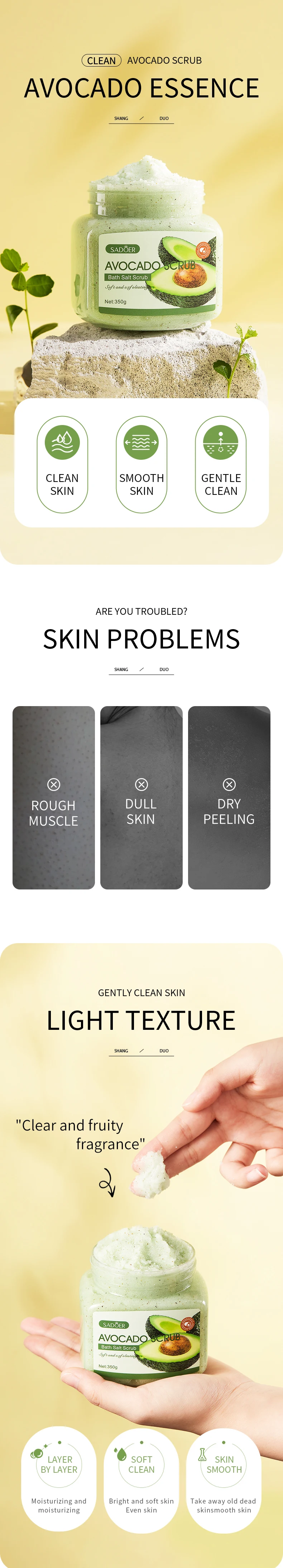 SADOER-exfoliante corporal con sabor a fruta, aguacate, Blueberry, sal de baño orgánica ...