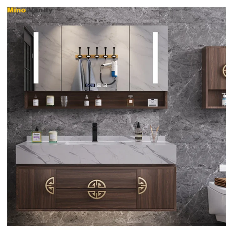 Luxury Classic Plywood Solid Wood Bathroom Cabinet Wall Mount Floating ...