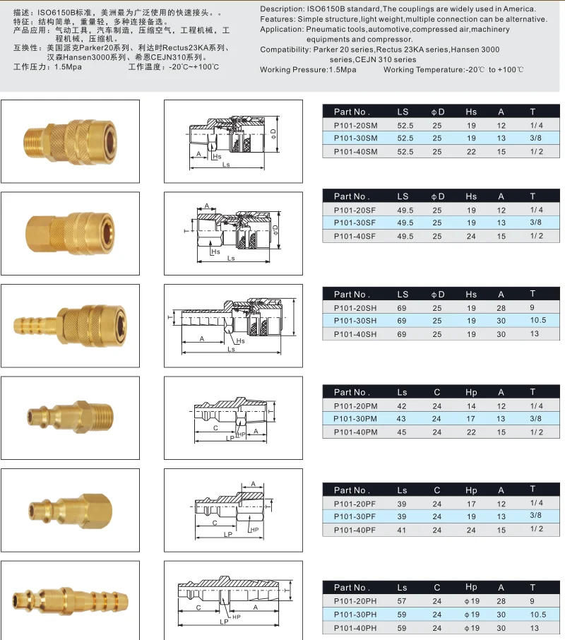ISO6150B Brass Single Open&close Air Couplings - American Standard