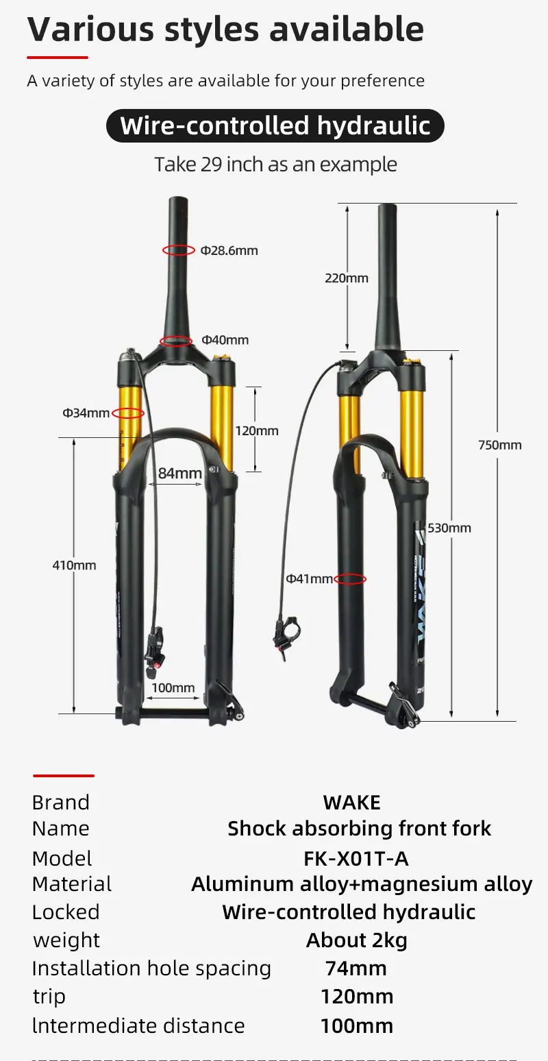 WAKE Bike Air Suspension Forks - 120mm Travel, Adjustable Rebound
