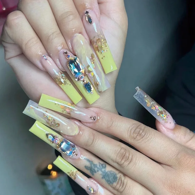 New Fashion Hand-made Luxury Fake Nails Diamond Long Press On Acrylic ...