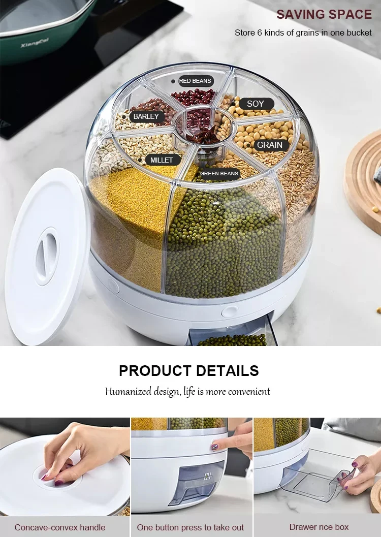 360 Degree Rotating 6,Grids Divided Dry Food Rice Storage Box Household ...
