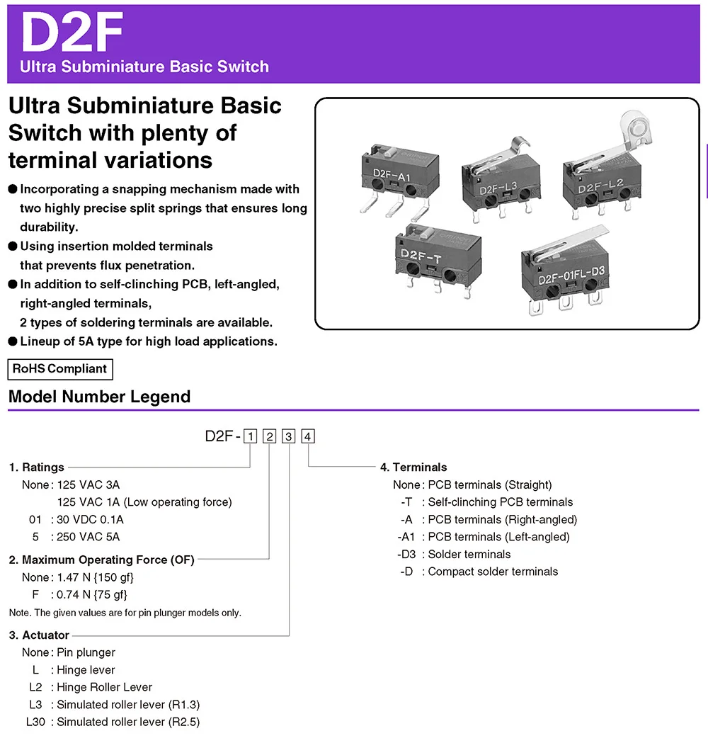 D2f-01fl3 Ultra Subminiature Basic Switch 0.74n Action Force Simulated ...