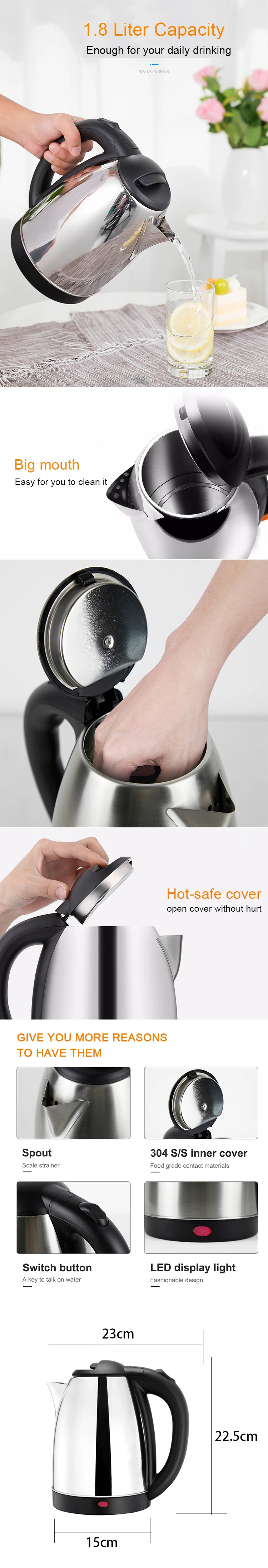 360 Degree Rotational Portable Electric Kettle Stainless Steel 1.5l ...