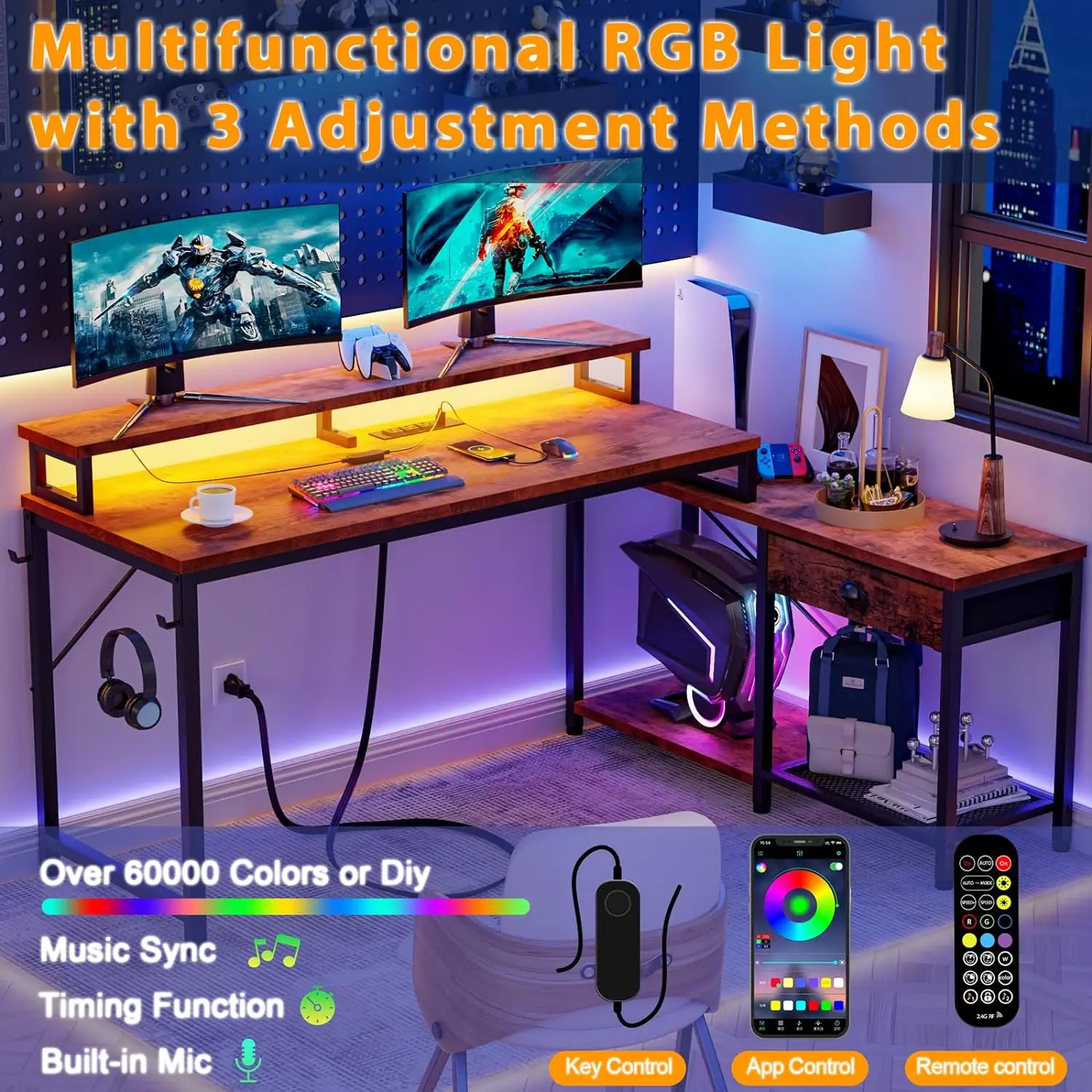 L Shaped Computer Desk With Drawer,Long Desk With Led Lights & Power ...