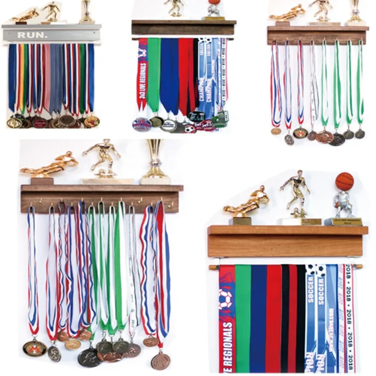 Trophy Rack And Medal Display Wood Medal Hanger With Shelf Wall Trophy ...