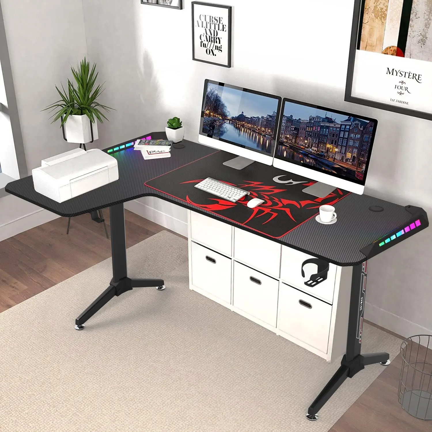 L-shaped Gaming Desk with LED Light - Modern & Extendable