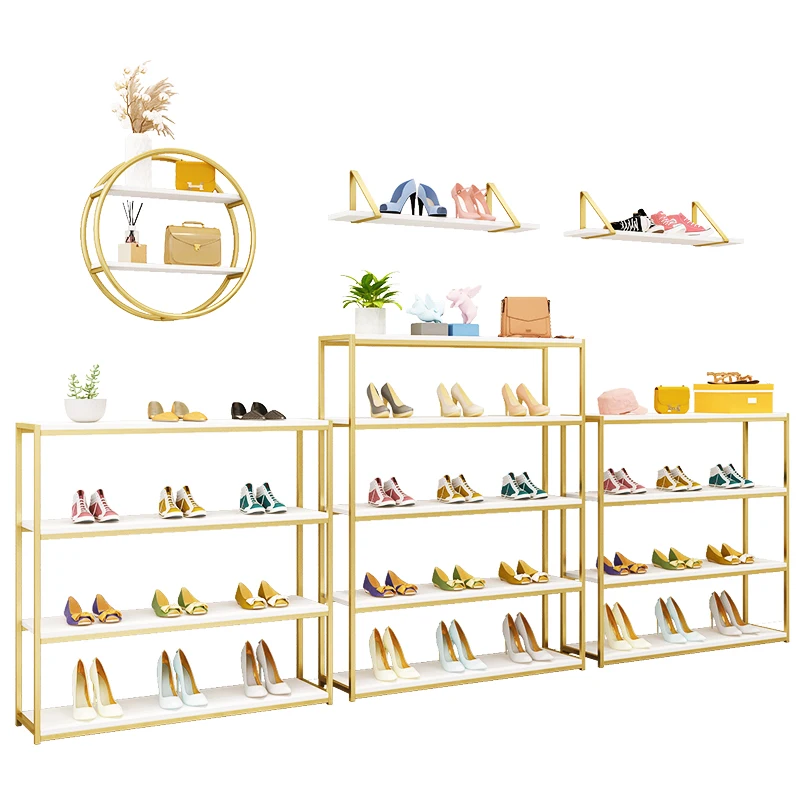 Shoe Shop Fittings Wall Mounted Shoe Display Shelf Stainless Steel Gold ...
