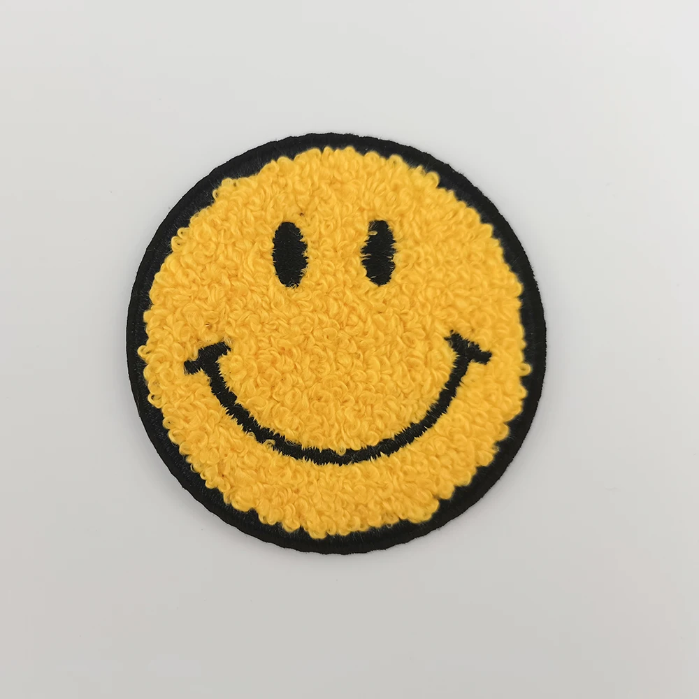 Yellow Smiley Face Chenille Embroidered Patches Iron On Custom Logo Adhesive Letters Chenille ...