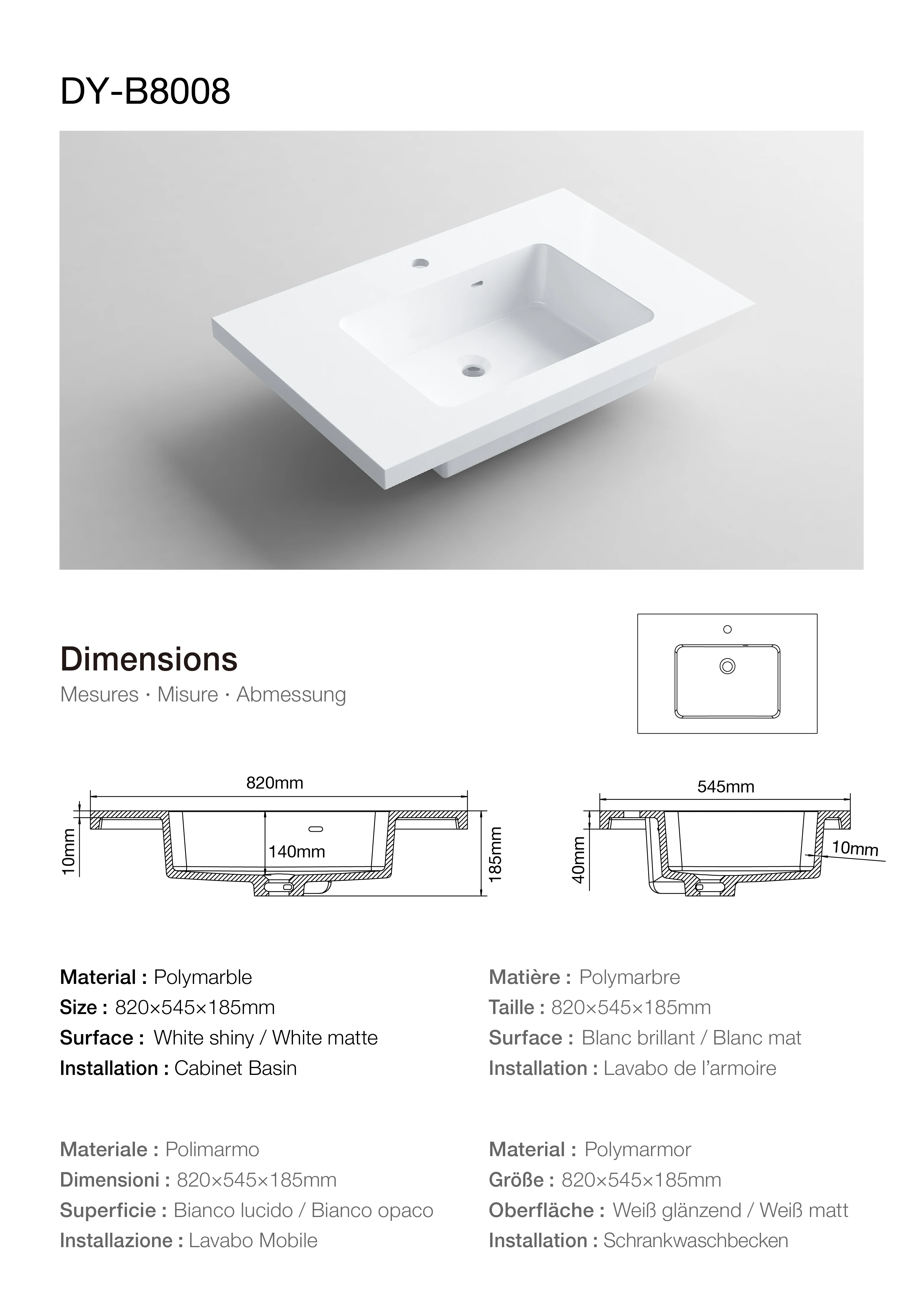 Italian Bathroom Lavabo - Polymarble White Shiny Sink