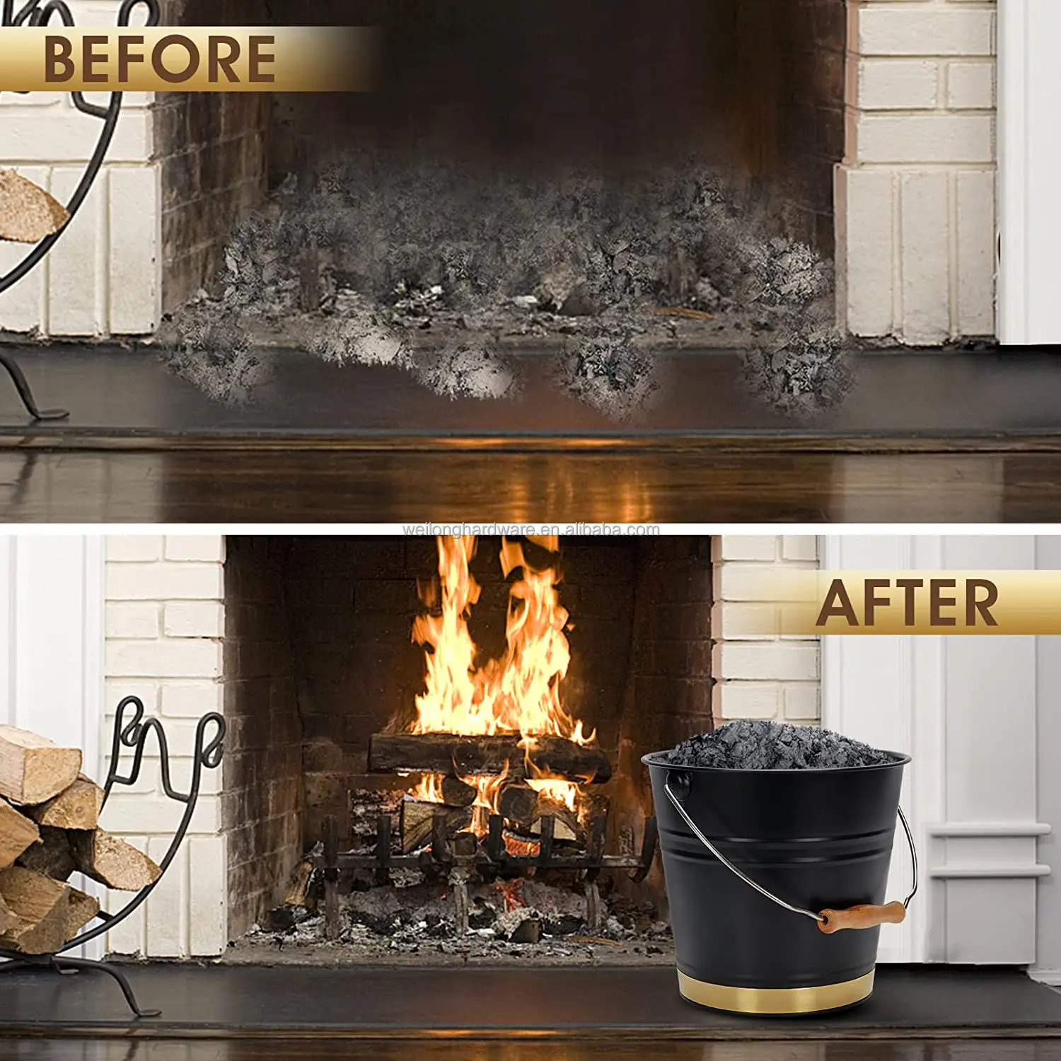 Ash Bucket With Lid Shovel & Hand Broom Galvanized Steel Metal Charcoal ...