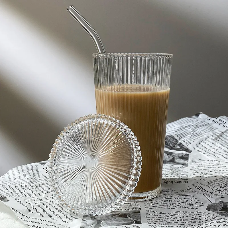 375ml Transparent Bubble Tea Cup Simple Ribbed Vertical Stripes Glass ...