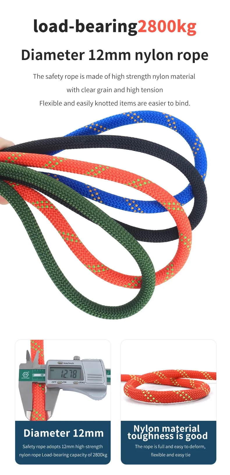 12mm Black Static Rope Climbing Rope Rapid-descent Safety Nylon Kernmantel High Air Fall Safety ...