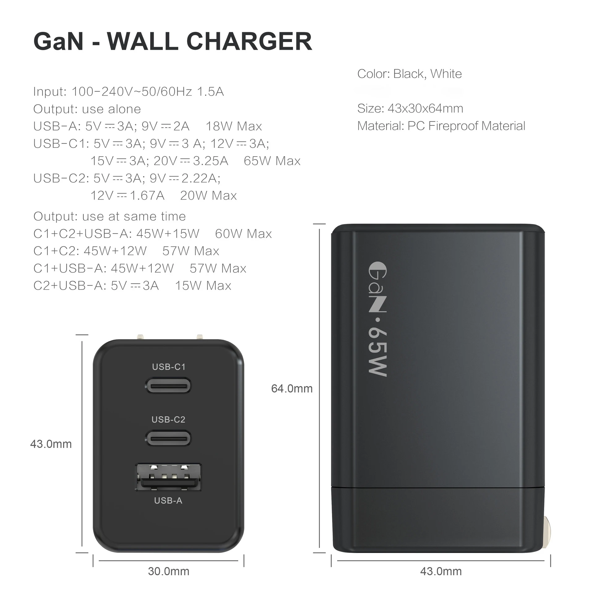 Certified Us 5v 9v 12v 3a Gan Charger 18w 20w 65w Multi-port Usb Hubs Usb A Wall Charger Dual ...