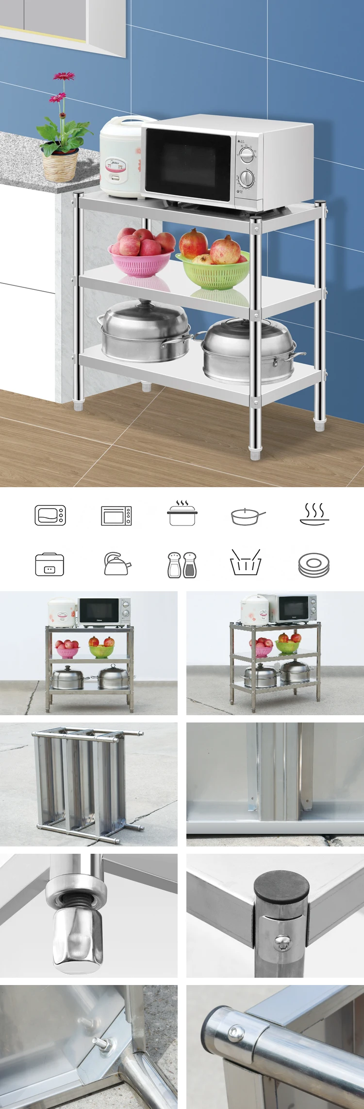 Commercial 3 Tiers Kitchen Storage Shelf Household 304 Stainless Steel ...