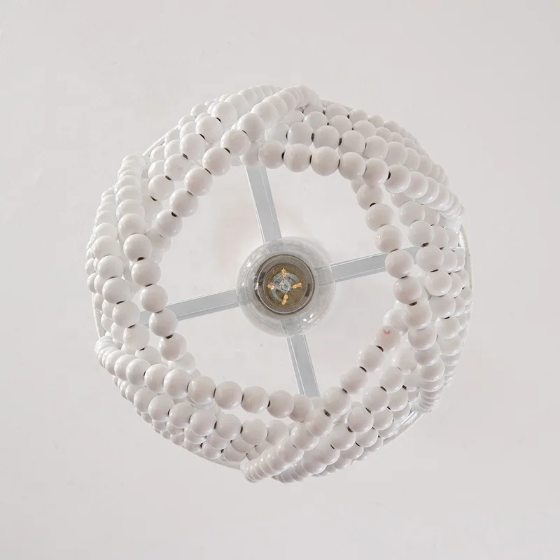 Small Wood Bead Chandelier Pendant Light, White Hemp Rope Hanging Lamp ...