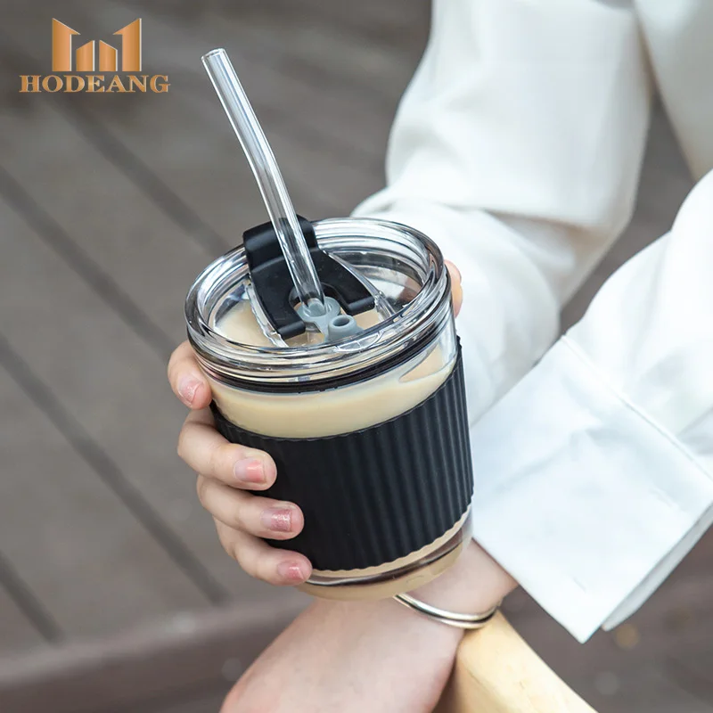 350ml Anti-scalding Stripe Silicone Sleeve Glass Straw Water Cups ...