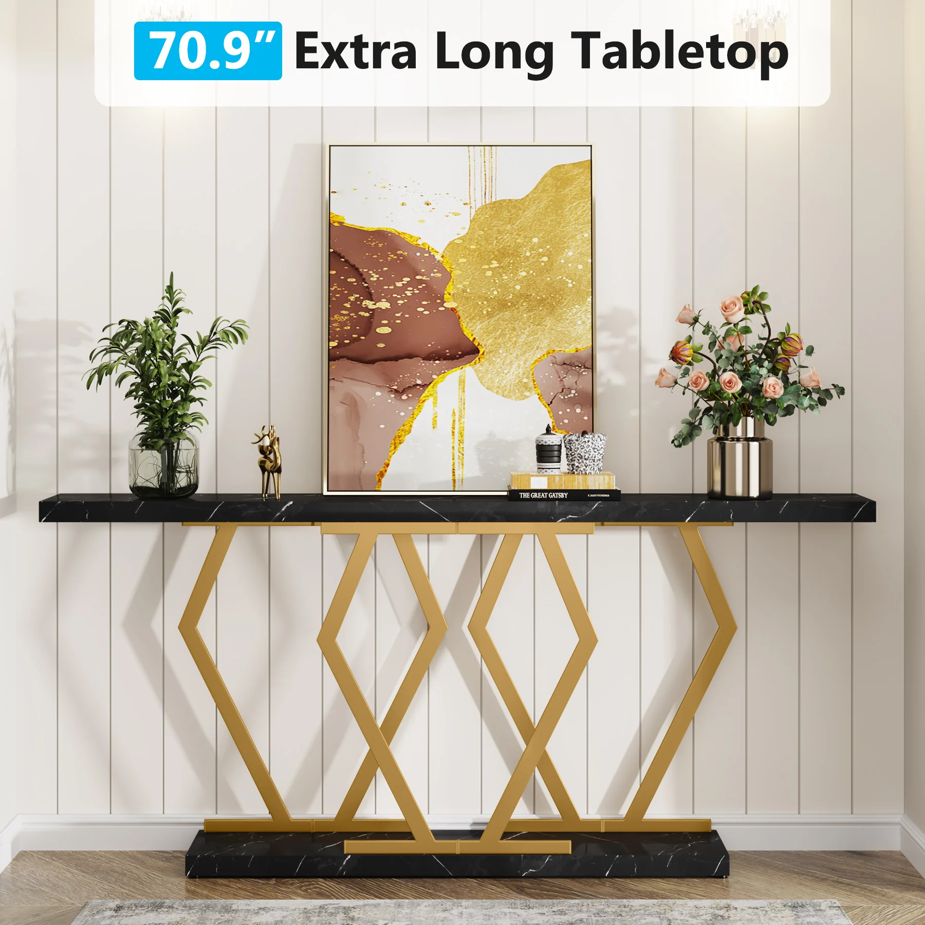 Tribesigns Modern Wooden Luxury 180 cm Faux Marble Black Console Table ...