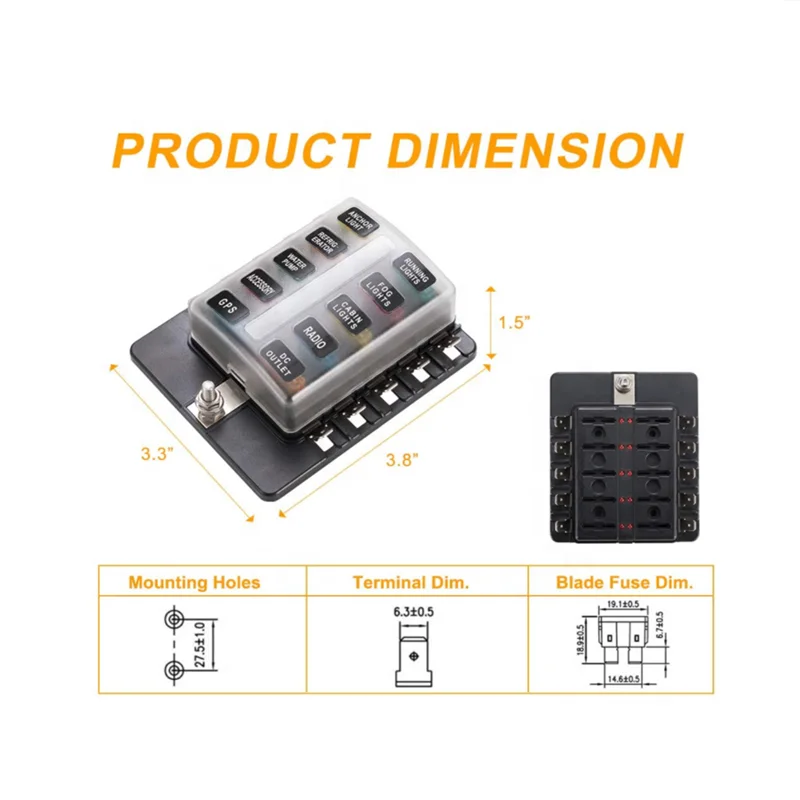 10-way Fuse Box Blade Fuse Block Holder With Led Indicator For Blown ...