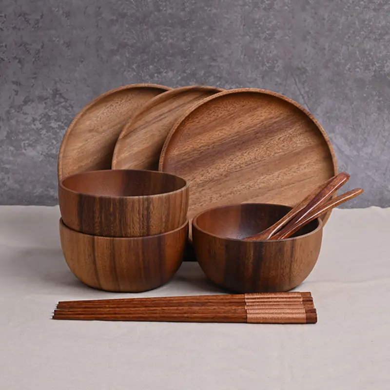 Acacia Wood Dinnerware Set Wooden Bowl Dinner Plate Cup 6 Pcs Wooden ...