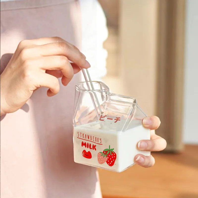 340ml Kawaii Cute Fruit Cartoon Water Cup Creative Square Clear Glass ...
