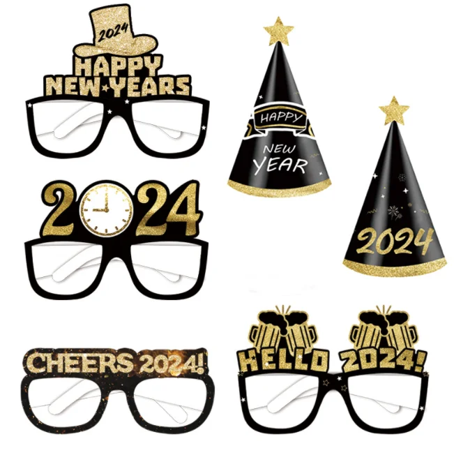 Happy New Year 2024 Glitter Paper Glasses Hats Pack For Happy Christmas ...