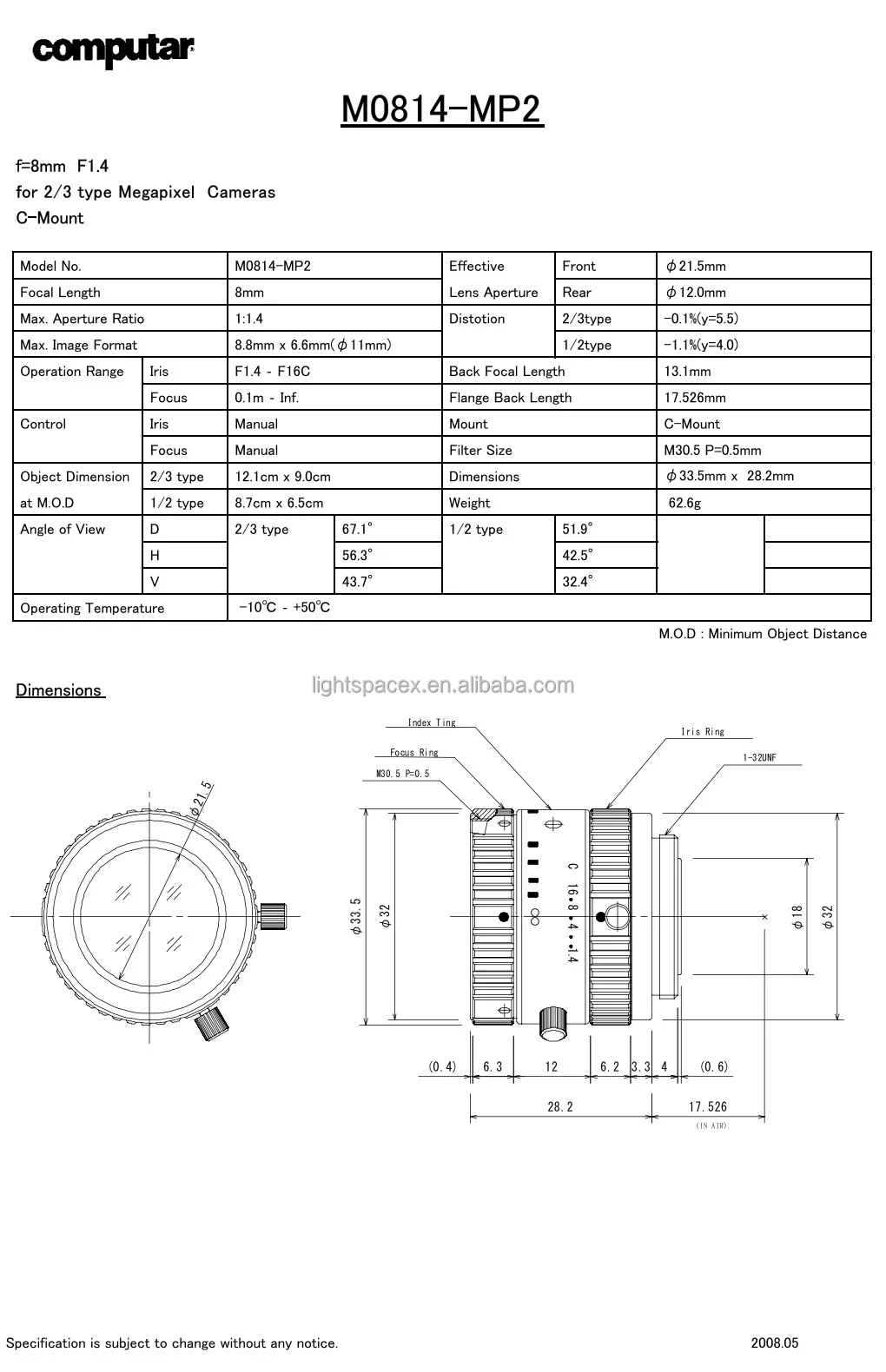 Computar M0814-mp2 Mp2 Machine Vision Series 2/3" 8mm F1.4 W/locking Iris & Focus,1.5 Megapixel ...