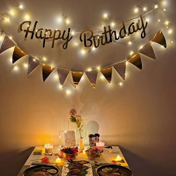 Happy Birthday Pennant Banner Fairy String Light Gold Hanging Star ...