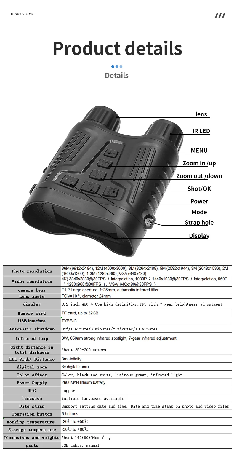 NV2180 Digital Night Vision Goggles 8X Digital Zoom 3.2' Screen 300m ...