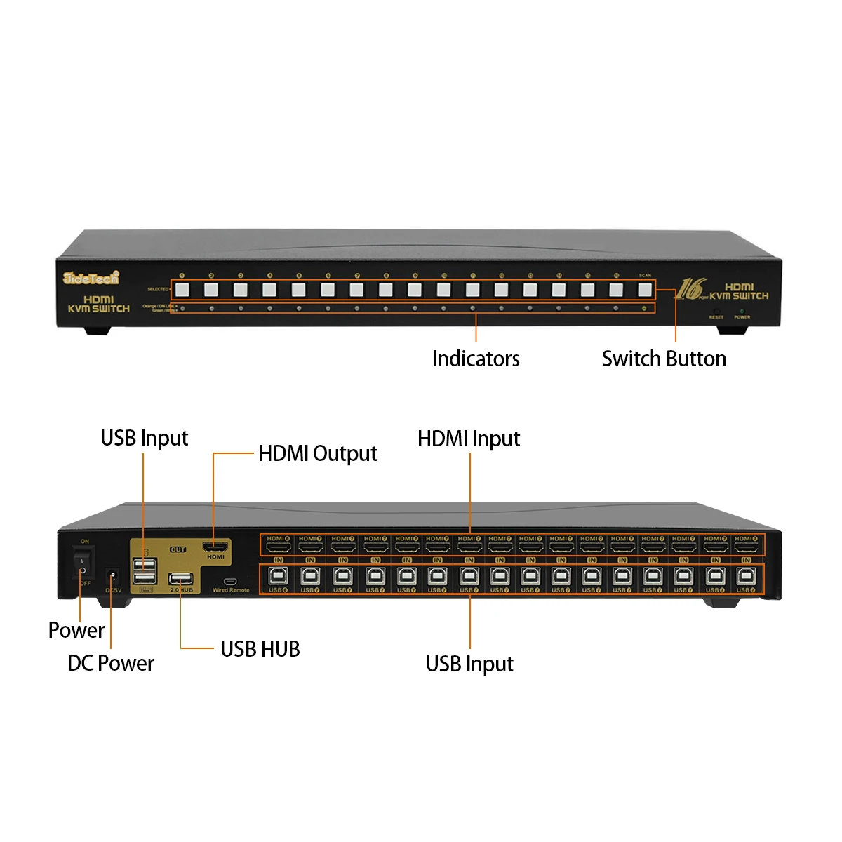 Jidetech HDMI USB KVM Switch 16 Port - 4k@30hz Resolution