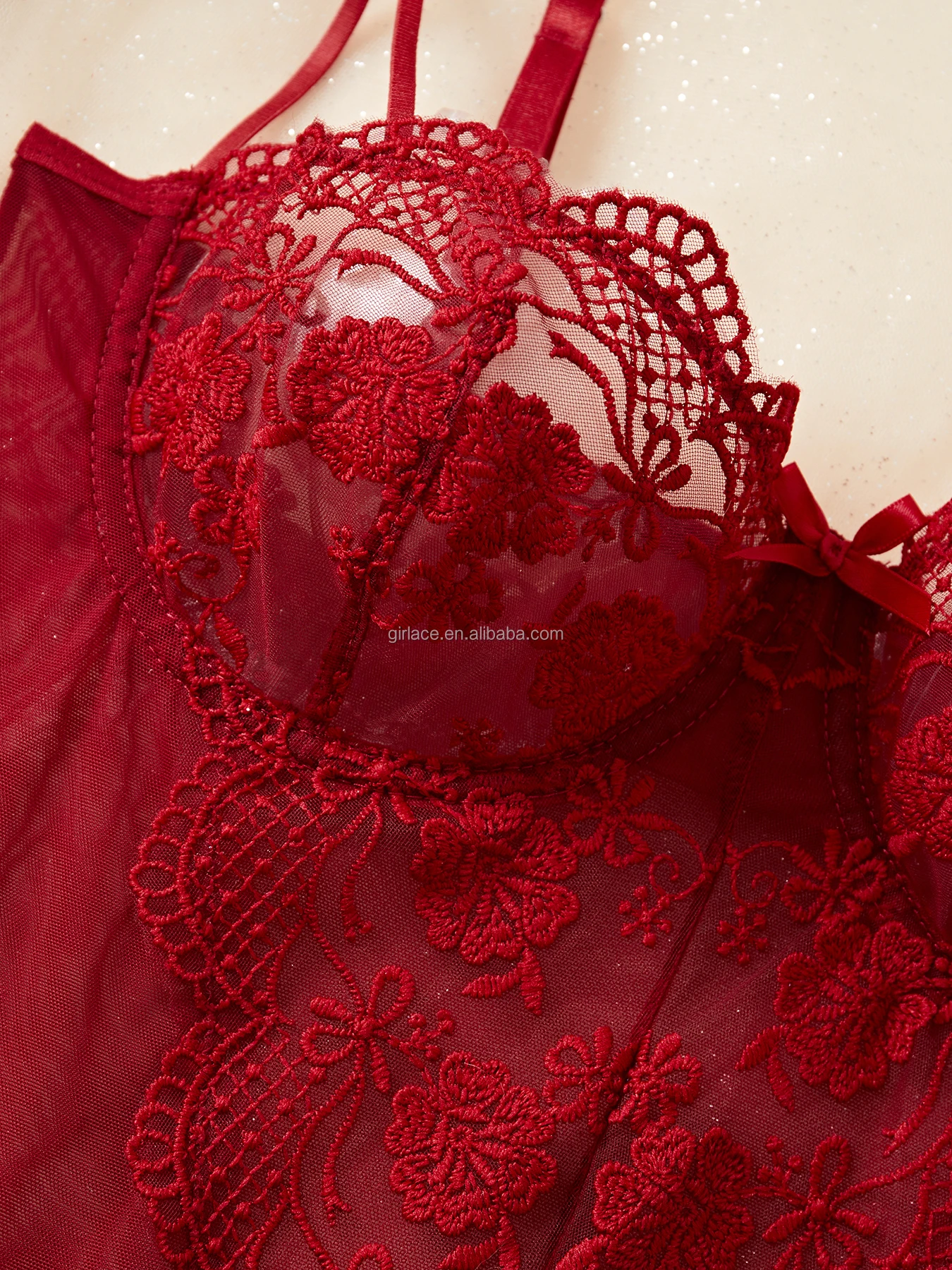 Elegant Burgundy Lace Lingerie Set - Sheer Mesh Sex Lingerie