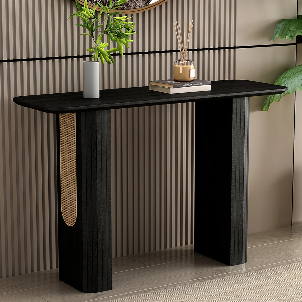Modern Vintage Wooden Small Narrow Console Table with PVC Rattan for ...