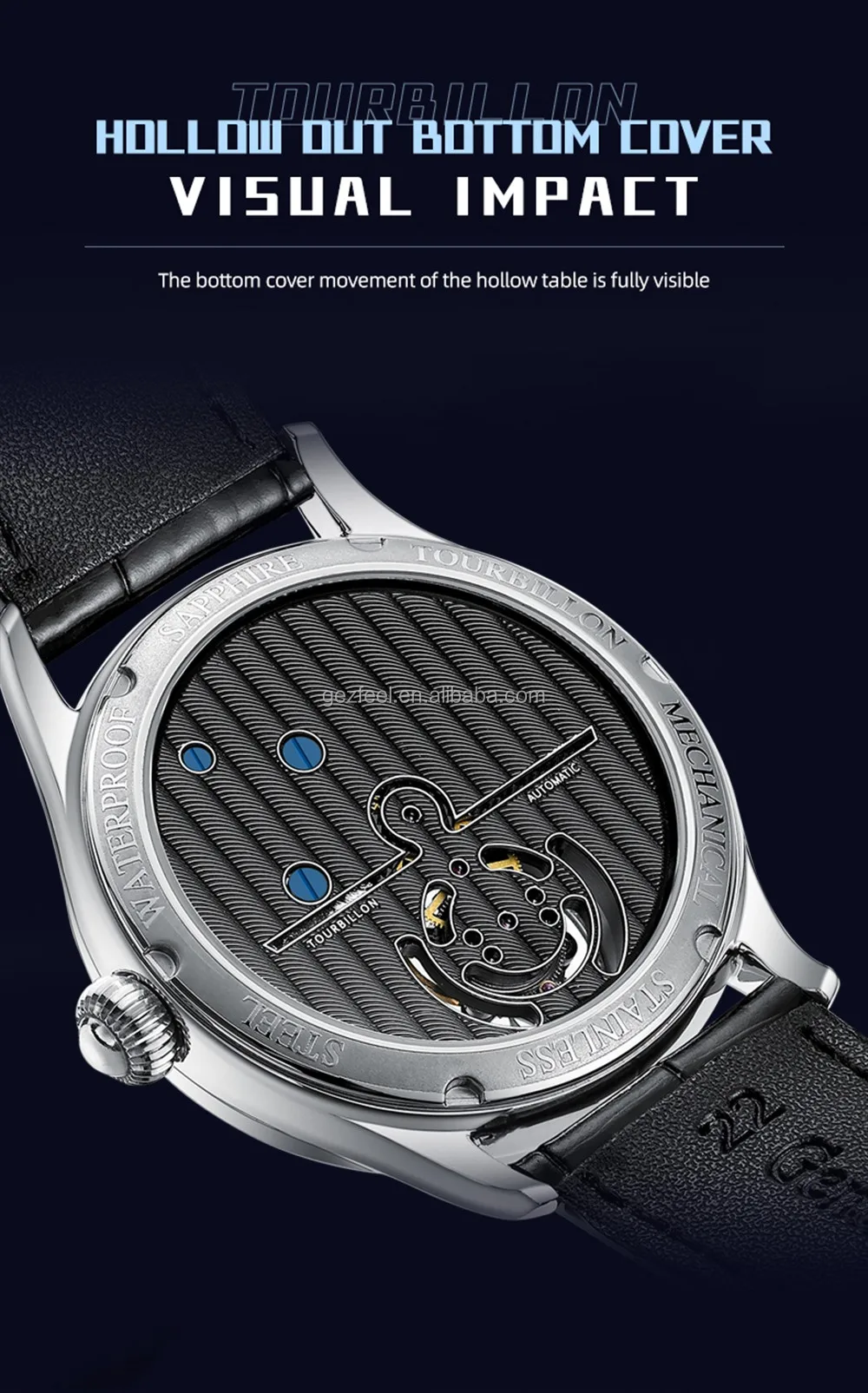 Custom 3D Blue World Map Dial Men's Mechanical Tourbillon Watch with ...