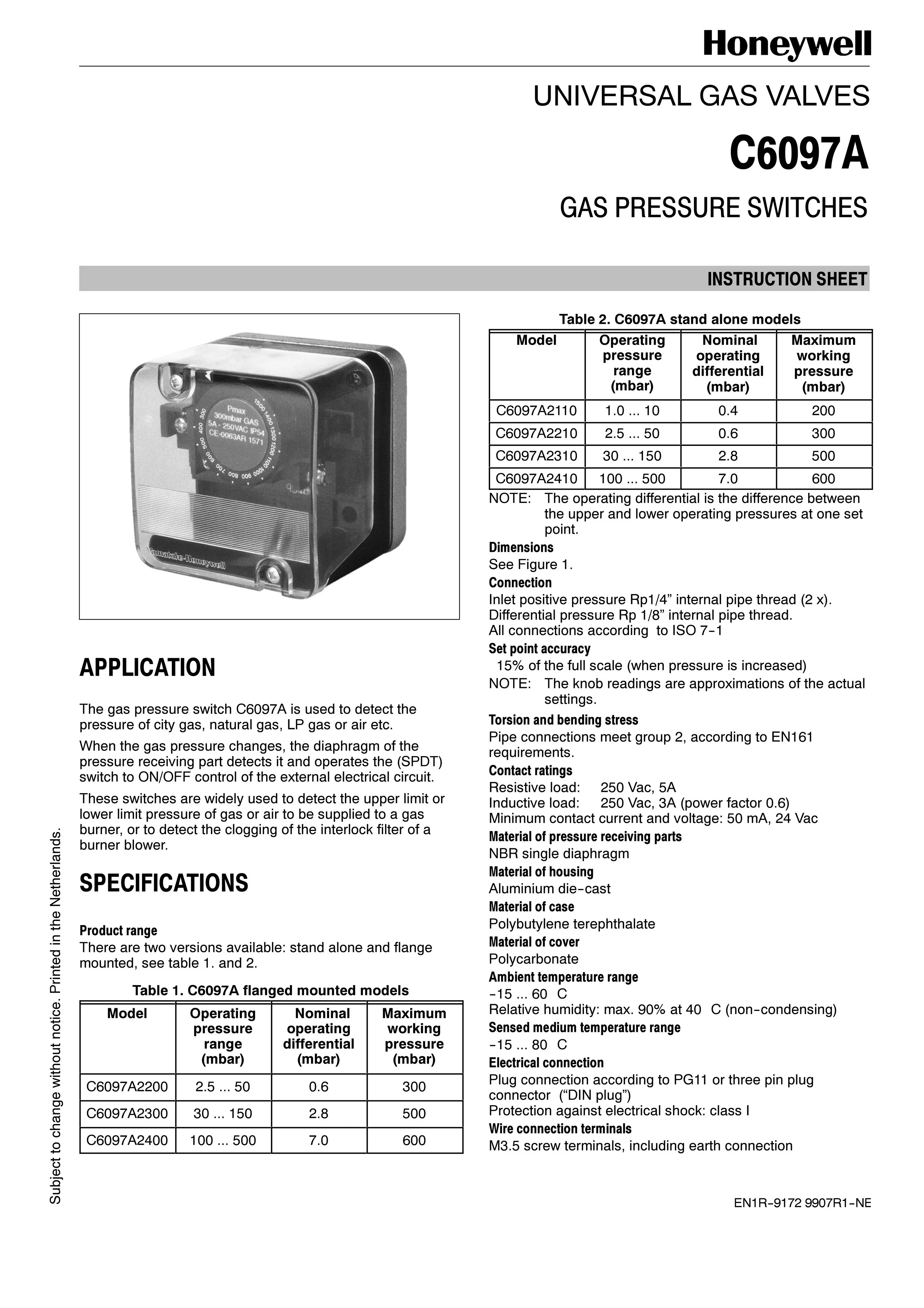 Old Model Honeywell Gas Pressure Switch C6097 C6097a2410 - Buy ...