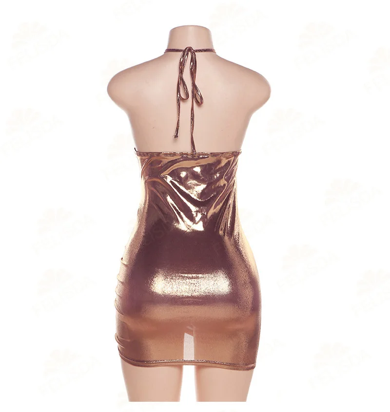 Sexy Cleavage Shiny Halter Mini Dress Women Party Night Club Drawstring ...