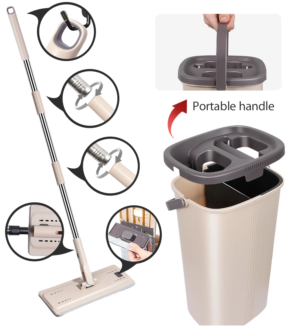 Masthome Hand Free Microfiber Flat Mop Bucket Stainless Steel Pole ...