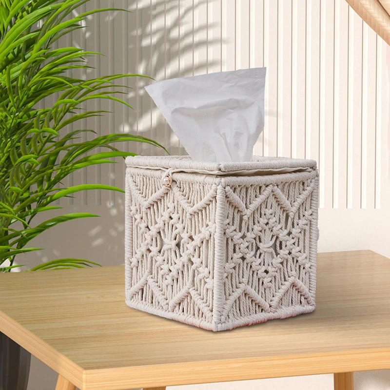 Handmade Woven Decor Macrame Storage Baskets Box Organizer With Wood ...