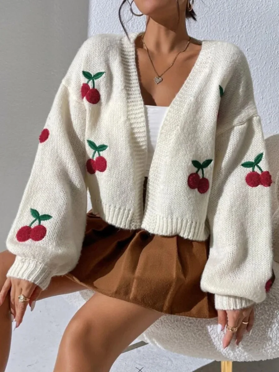 Women's Embroidered Sweater - Loose Casual Knit Cardigan