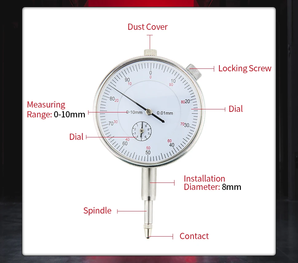 Dial Indicator Gauge 0-10mm Meter Precise 0.01mm Resolution ...