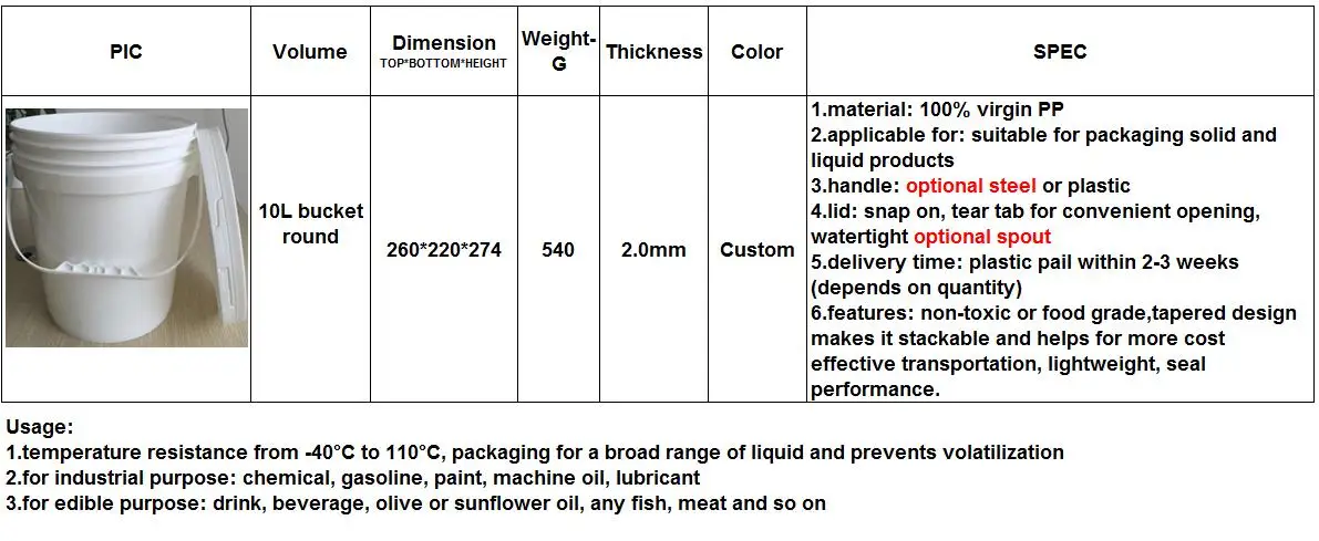 1L-50L Plastic Pail Pack 10kg Plastic Buckets Food Grade 5 Gallon ...