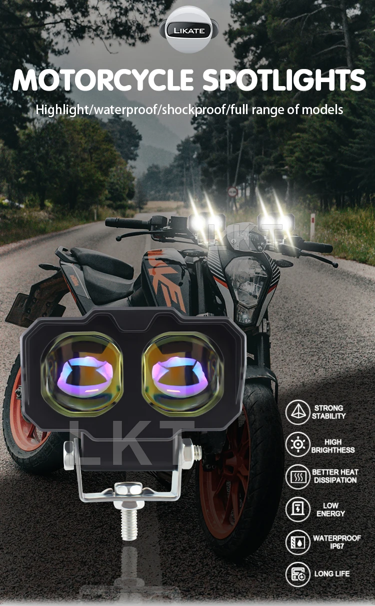 2LED-Motorcycle Spotlight Headlight LED Lens Yellow and White Two-color ...