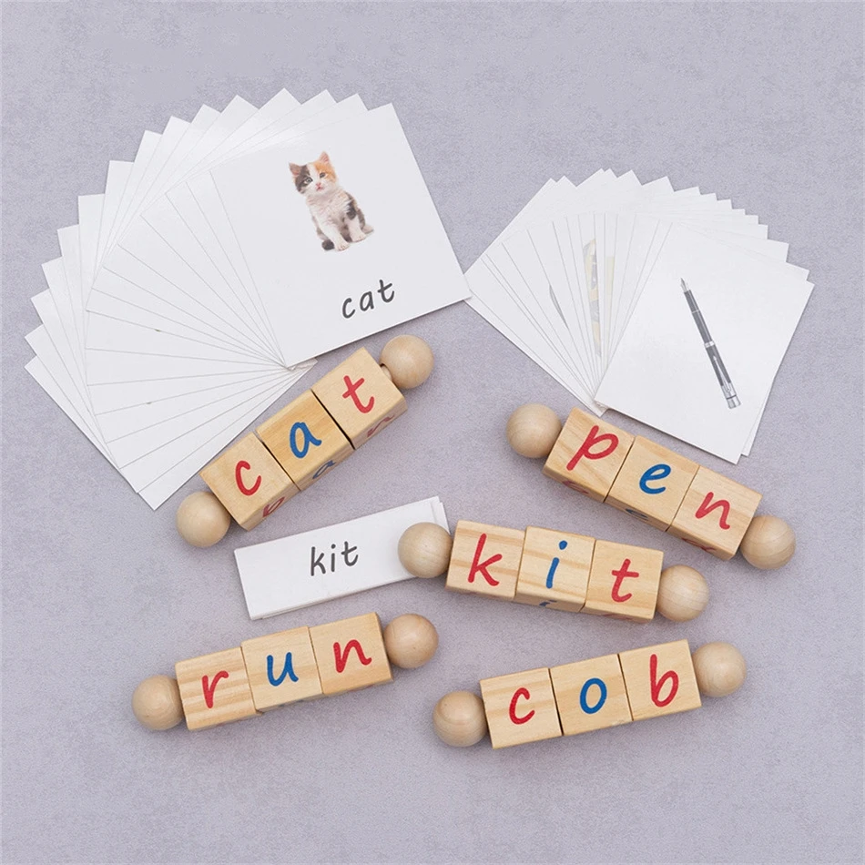 Wooden Reading Blocks Educational Spinning Alphabet Manipulative Blocks ...