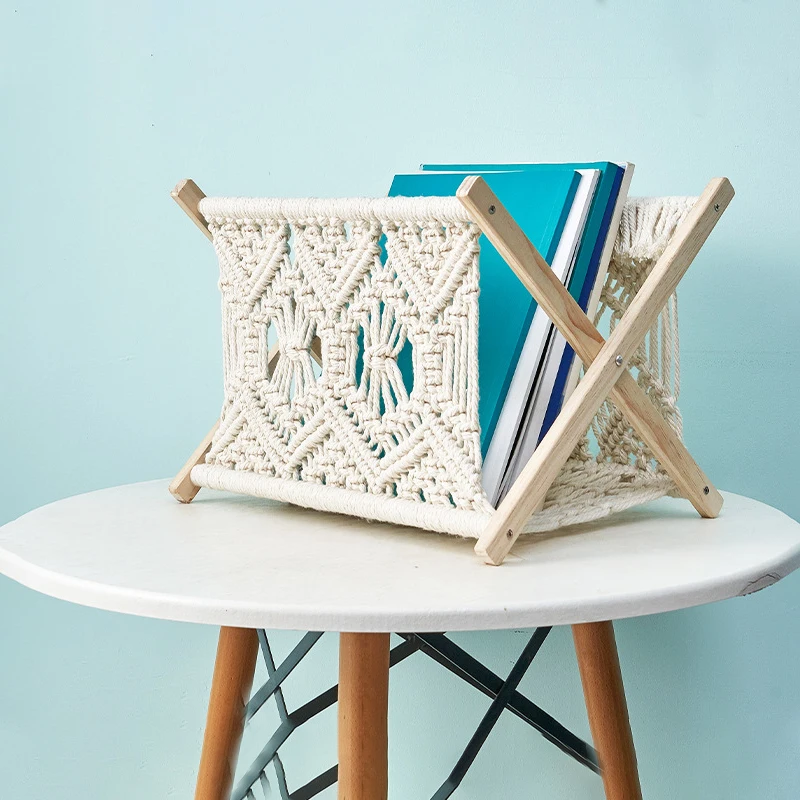 Handmade Woven Decor Macrame Storage Baskets Box Organizer With Wood ...