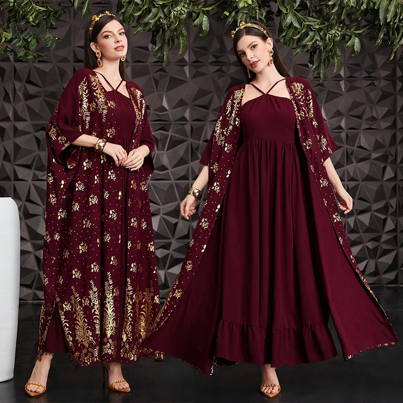 EID Custom Muslim Red 2pcs Set Golden Pattern Batwing Sleeve Open Abaya ...
