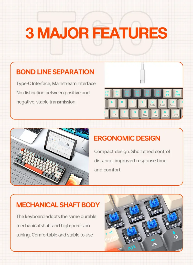 Gaming Mechanical Keyboard Wired Mini 63 Keys Qwerty Customized Color ...