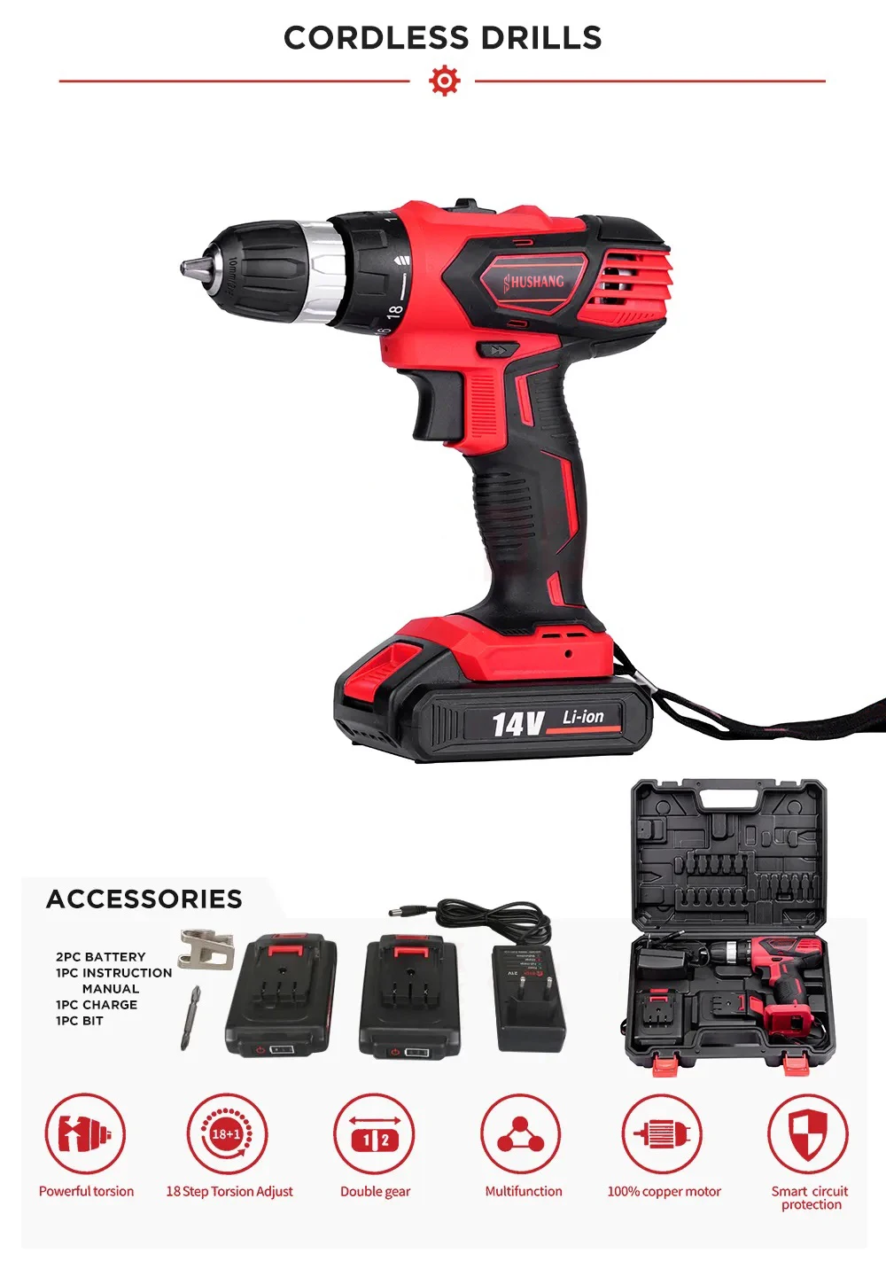 Battery Drill Machine Lithium with Two Batteries - HUSHANG