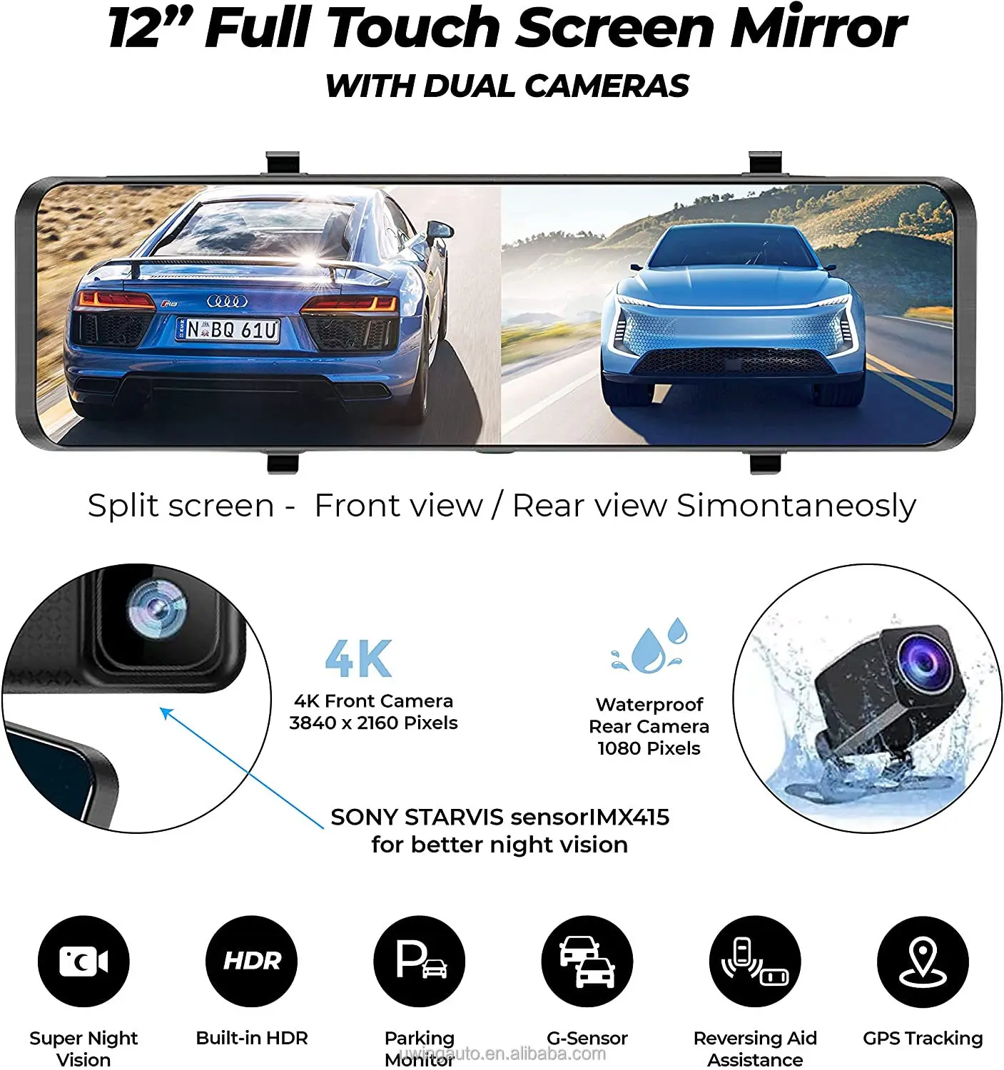 2160p Touch Screen 12 Inch Rearview 4k Car Dvr Mirror Dash Cam Video ...