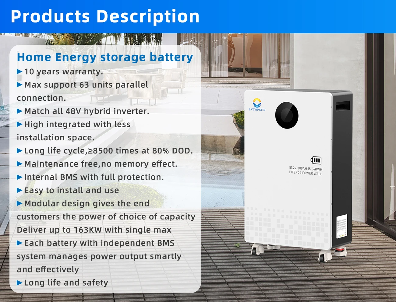 LVTOPSUN 51.2V 100Ah LiFePO4 Solar Lithium Ion Battery Pack with Touch ...