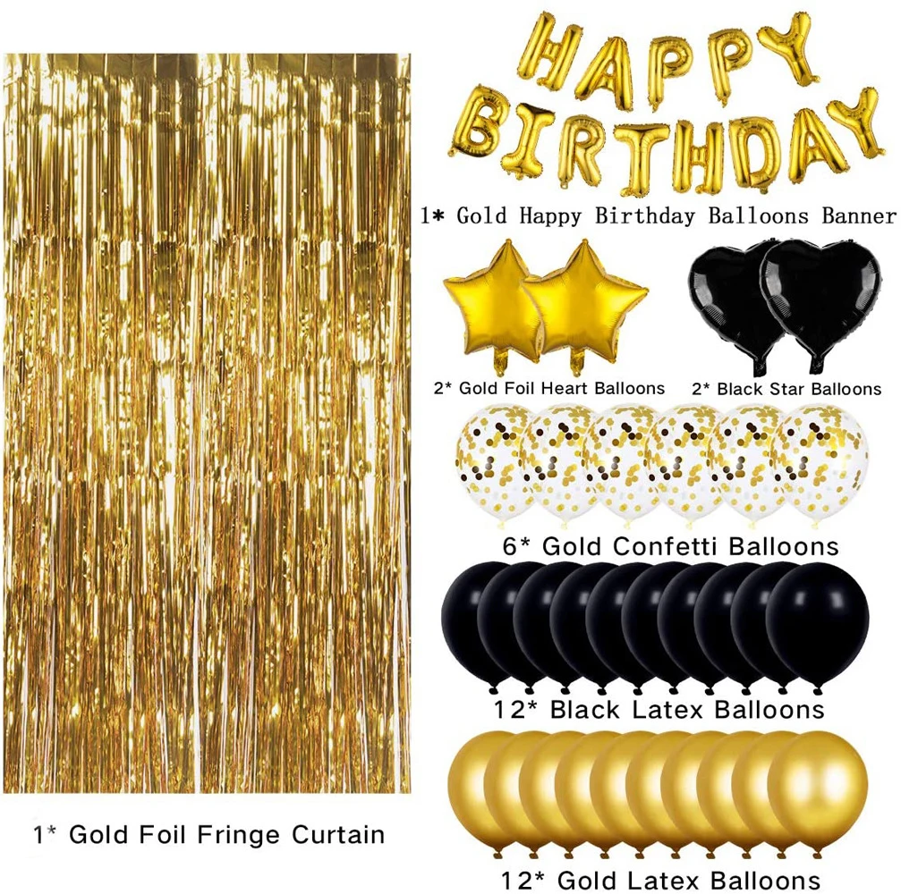 Black Gold Confetti Happy Birthday Balloon Set Letter Foil Balls for ...